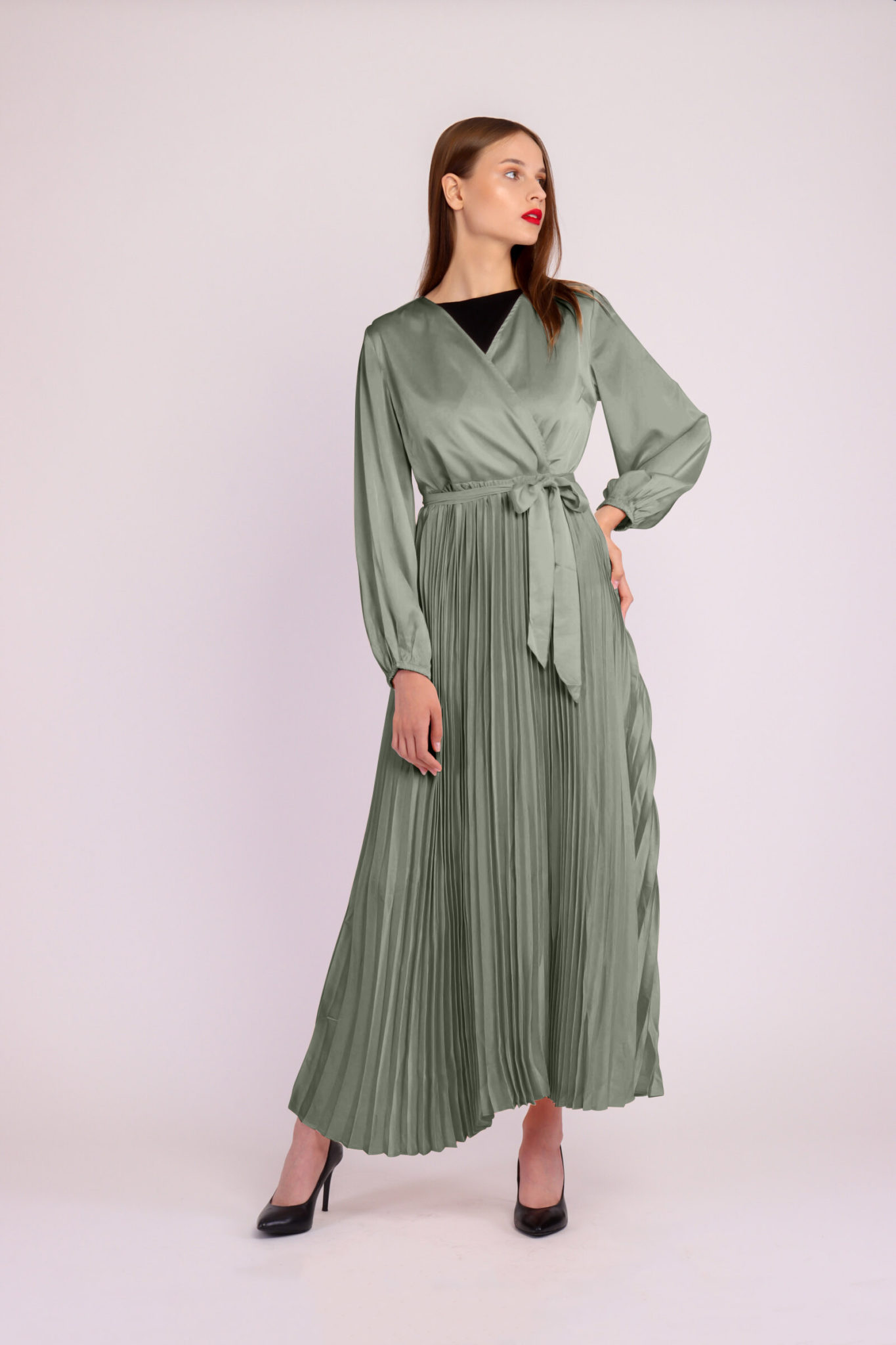 Long Sleeve Pleated Satin Maxi Dress After Moda