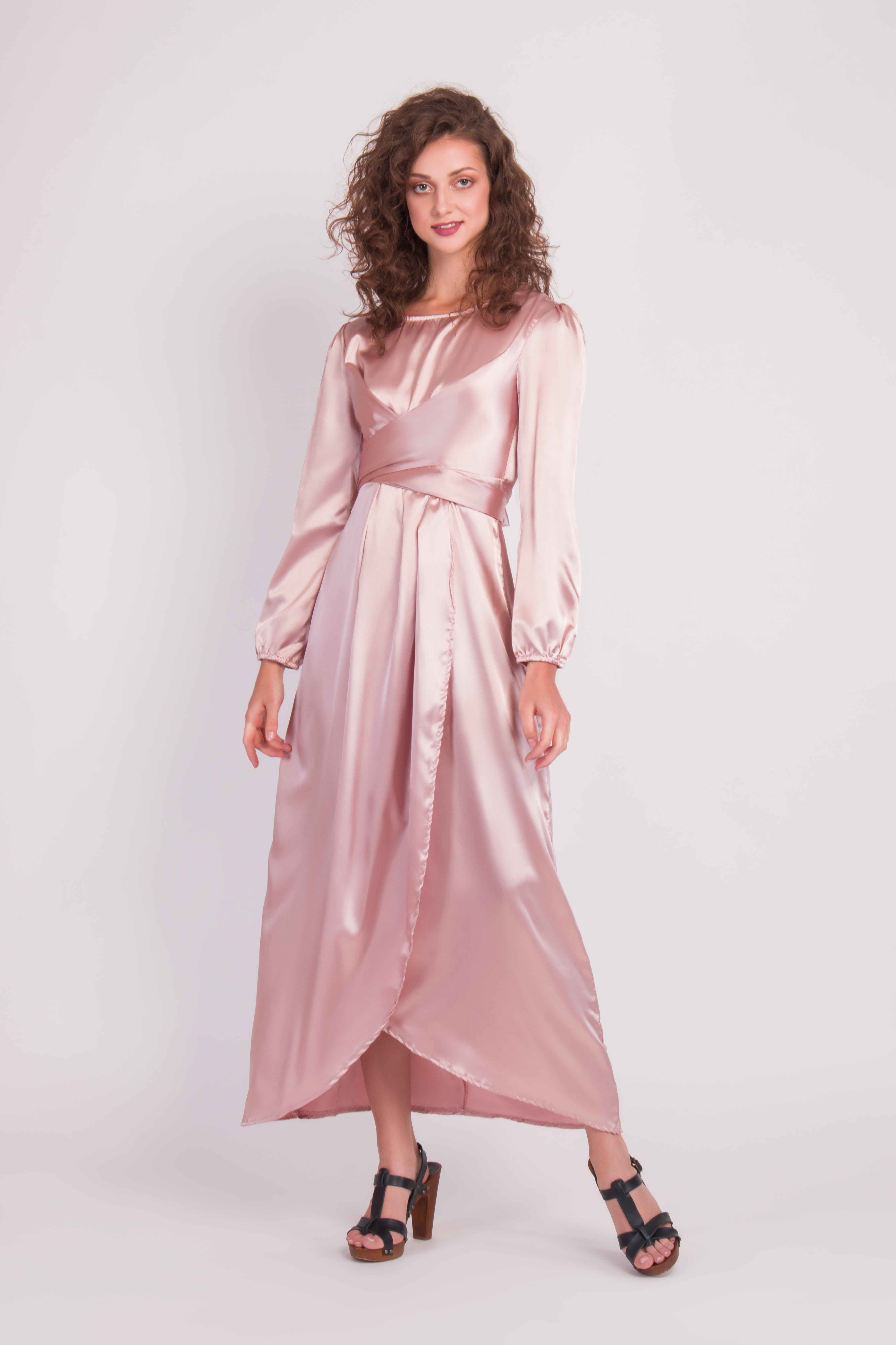 Satin Wrap Maxi Dress with Puff Sleeves | After Moda Satin Wrap Maxi Dress with Puff Sleeves | After Moda