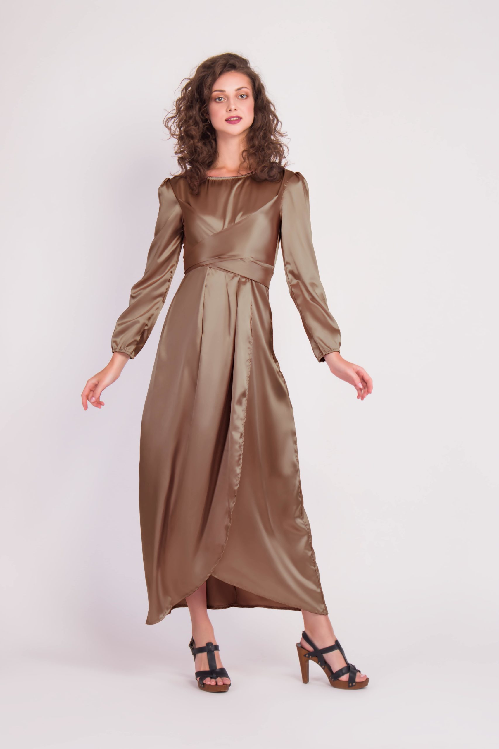 Satin Wrap Maxi Dress With Puff Sleeves After Moda