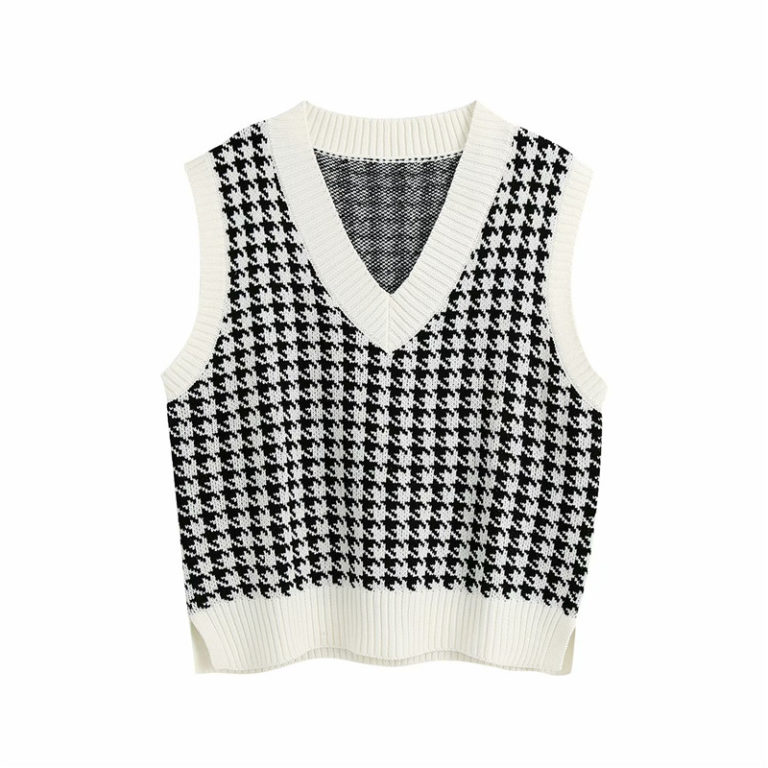 V Neck Houndstooth Sweater Vest After Moda
